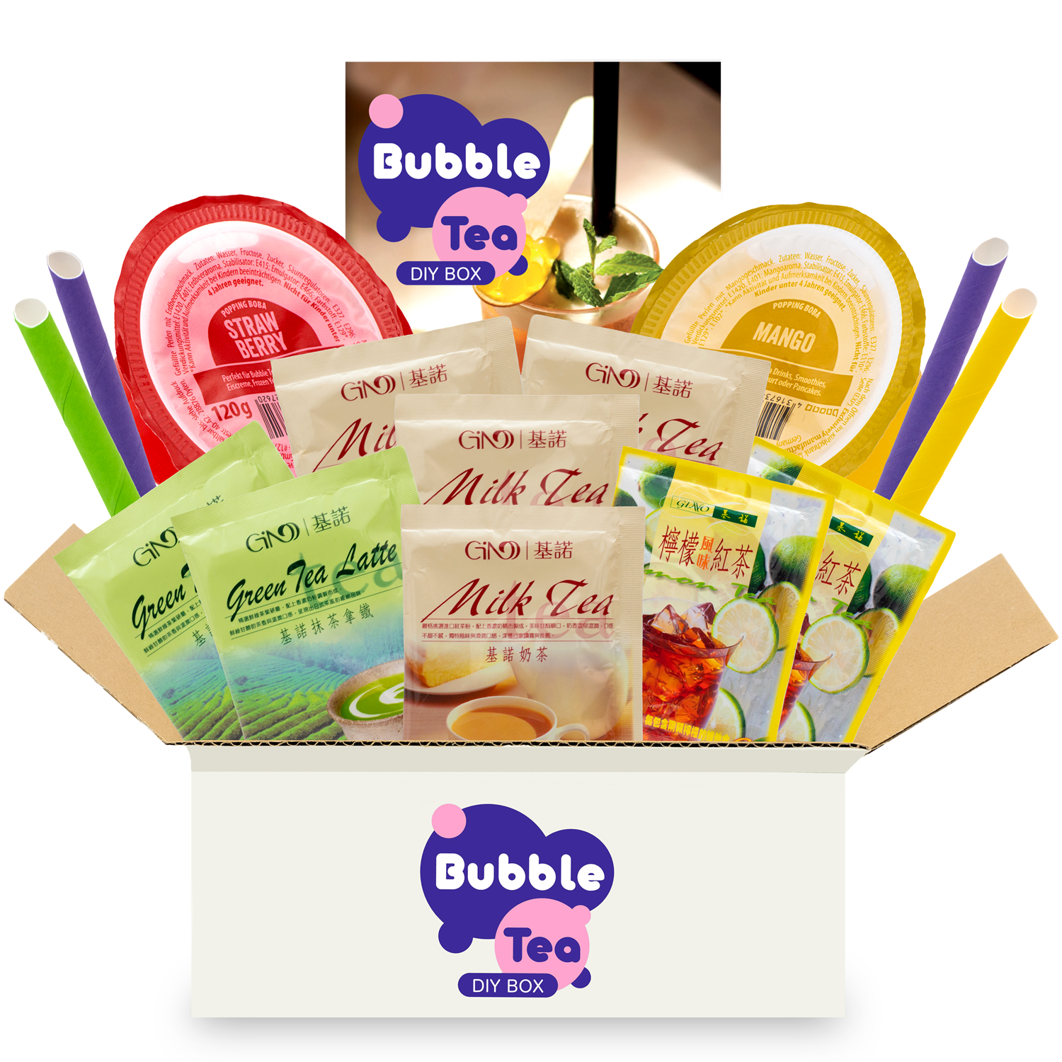 Bubble Tea DIY Box mit Popping Boba: Boba Tee Starter Kit für 4 Geträn